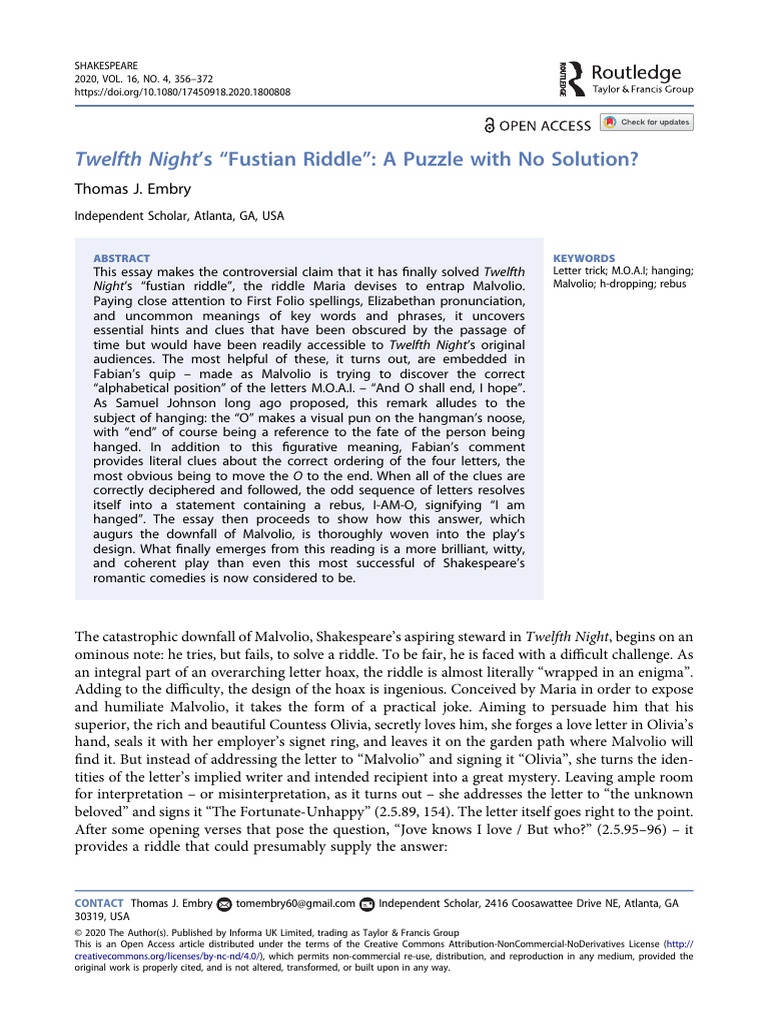 Twelfth Night S Fustian Riddle A Puzzle With No Solution | PDF ...