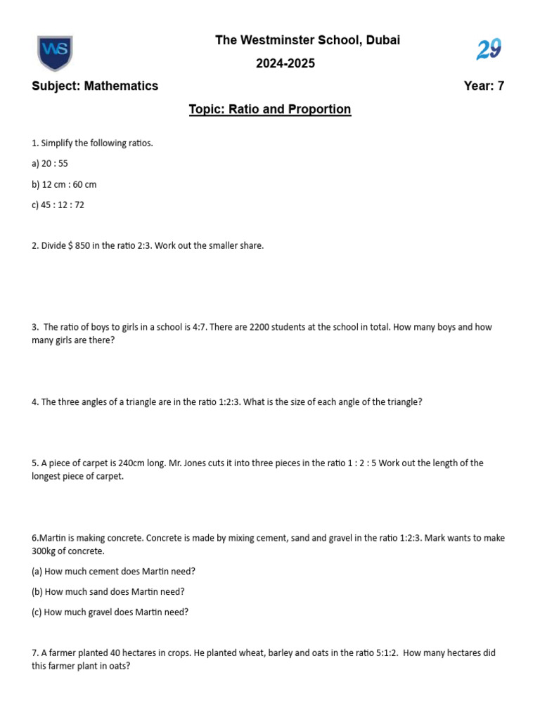 Year 7 - Ratio and Proportion - WS | PDF