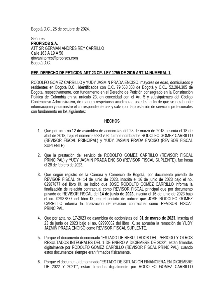 Derecho Peticion - RODOLFO CARRILLO | PDF | Bogotá