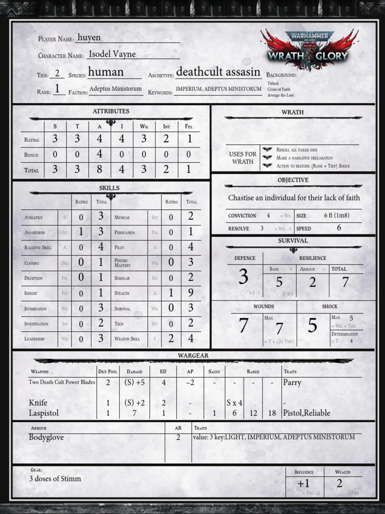 Huyen - Wrath & Glory Character-Sheet - Fillable | PDF