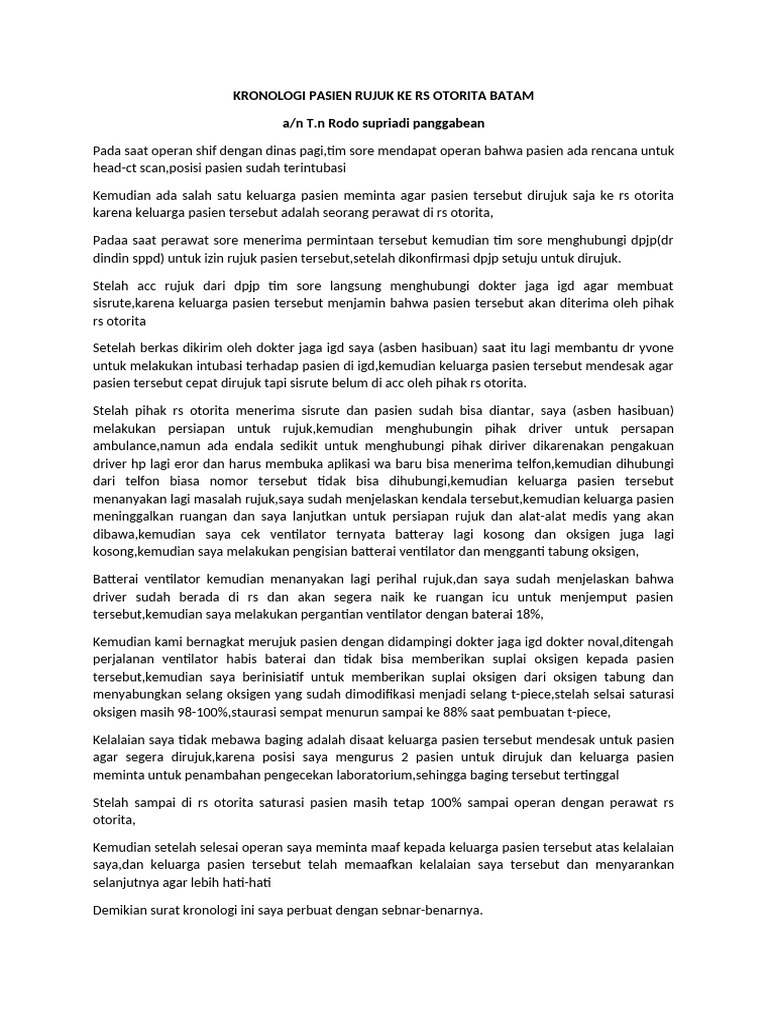 KRONOLOGI PASIEN RUJUK KE RS OTORITA BATAM | PDF