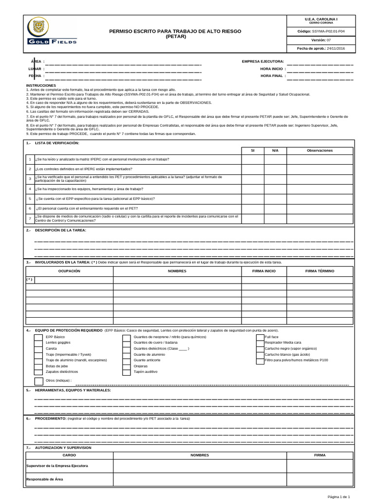 SSYMA P02.01 F04 Permiso Escrito para Trabajo de Alto riesgoPETAR V7 | PDF