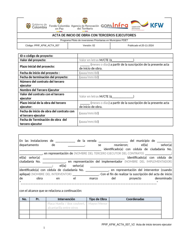 PPIP - KFW - ACTA - 007 - V1 Acta de Inicio de Obra Terceros Ejecutores | PDF | Autenticación ...
