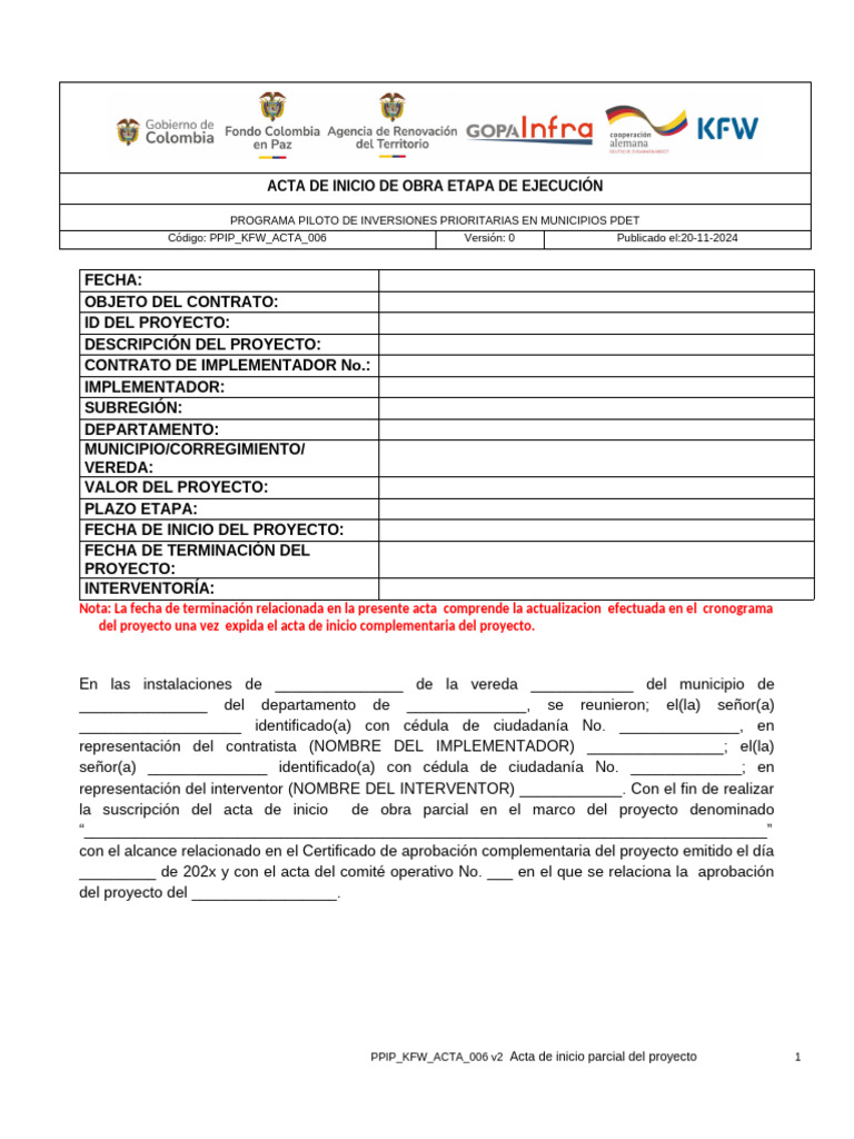 PPIP - KFW - ACTA - 006 - V1 Acta de Inicio Complementaria de Obra - Proyecto | PDF | Autenticación