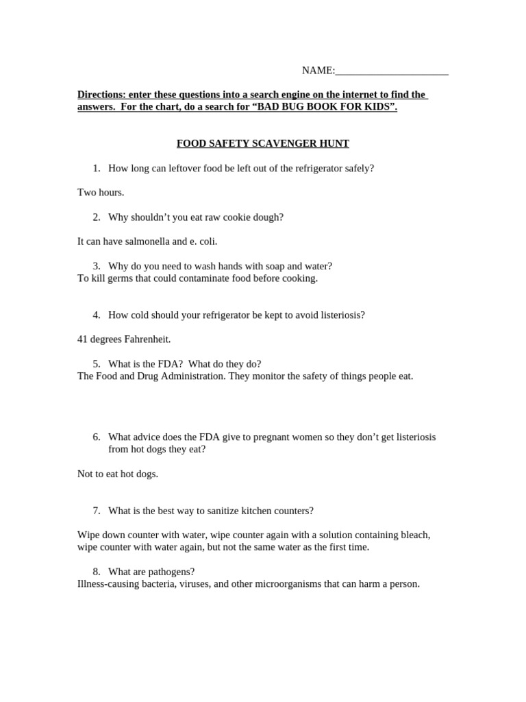 Food Safety Scavenger Hunt | PDF