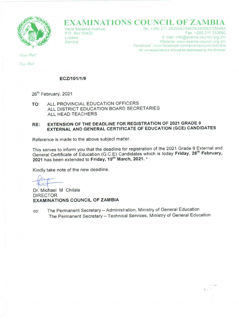 Extension of Deadline For Registration of 2021 G9 External and GCE ...
