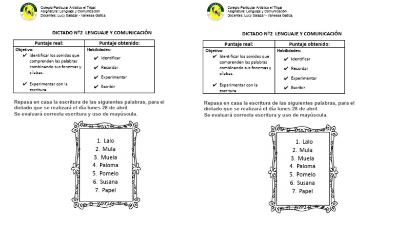 Dictado Nº2 LENGUAJE PRIMEROS BÁSICOS | PDF | Lingüística ...