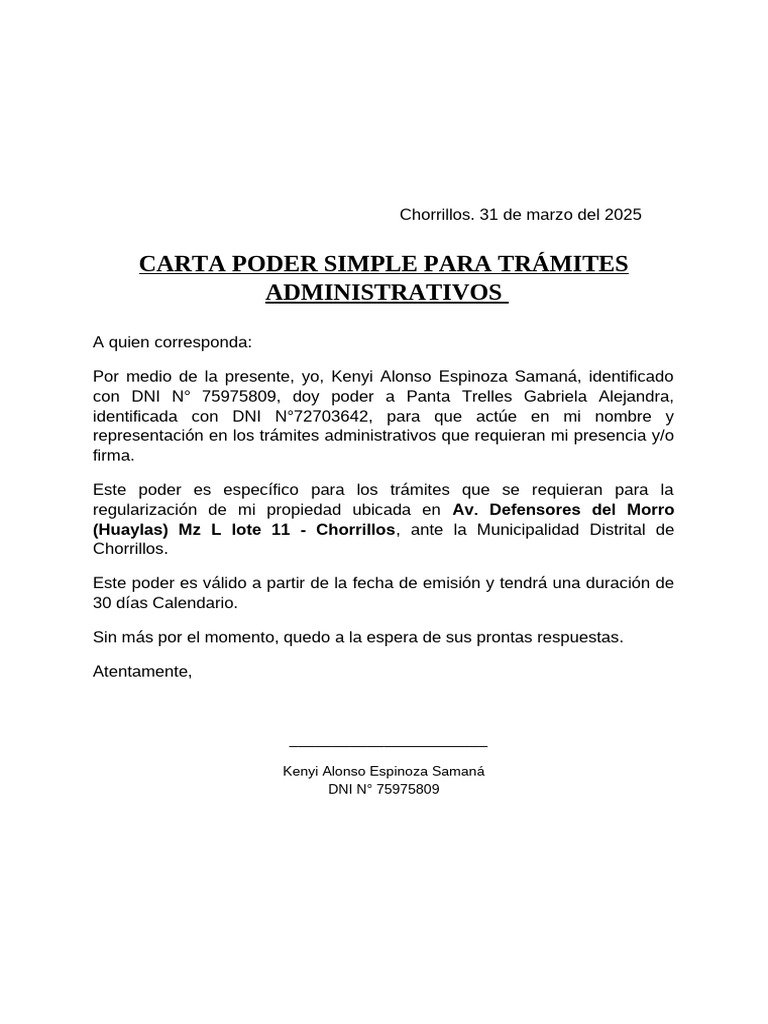 Carta Poder Simple Para Tramites Administrativos | PDF