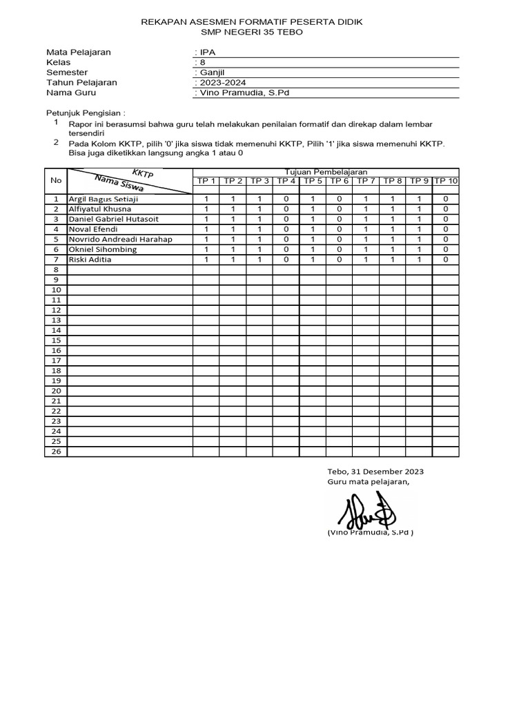Rekapan Asesmen Formatif Siswa | PDF