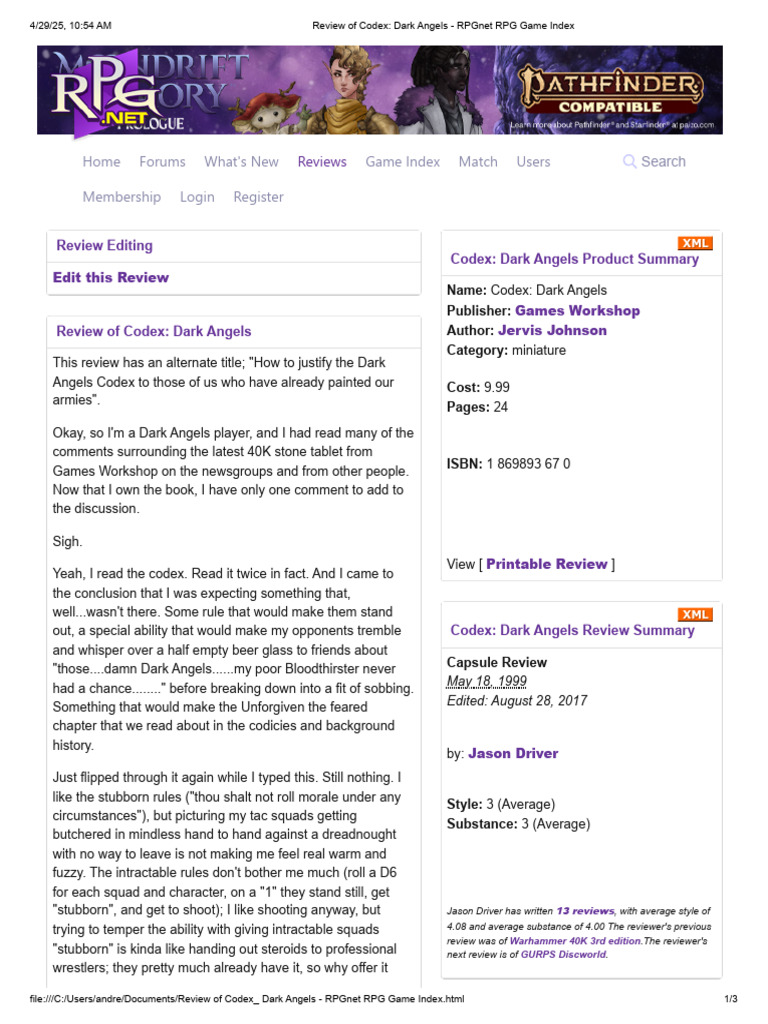 Review of Codex - Dark Angels - RPGnet RPG Game Index | PDF | Internet Forum | Tabletop Games