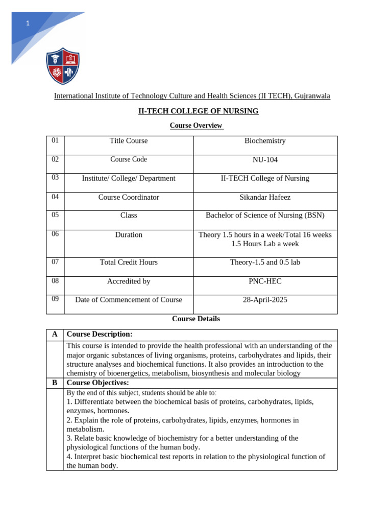COURSE GIRD BioChe-I by Ms Sonia Hussain | PDF | Metabolism | Biochemistry