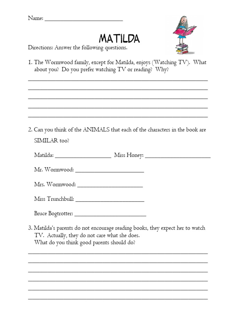 Jhs Reading Matilda Questions Worksheet | PDF