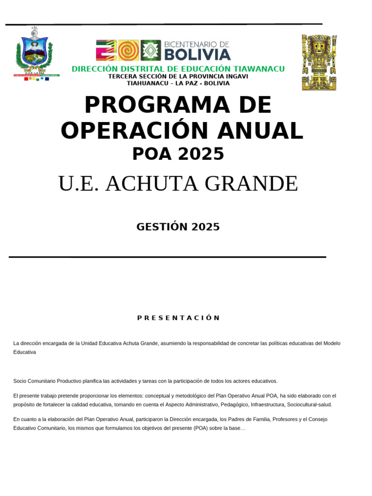 POA 2025: Unidad Educativa Achuta Grande | PDF | Evaluación | Enseñando