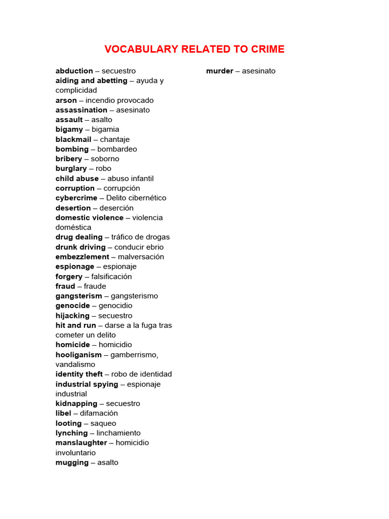 Vocabulary Related To Crime | PDF