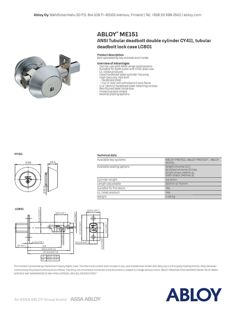 ABLOY ME151C Data Sheet 1 | PDF