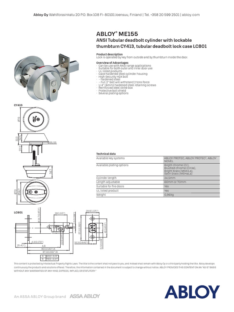 ABLOY ME155C Data Sheet 1 | PDF