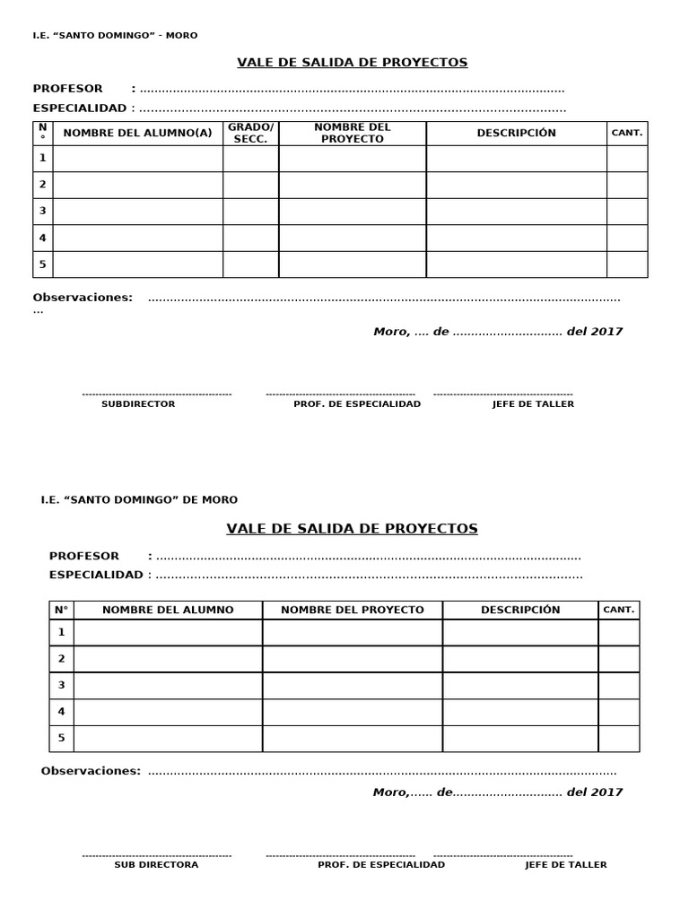 Vale de Salida de Proyectos | PDF