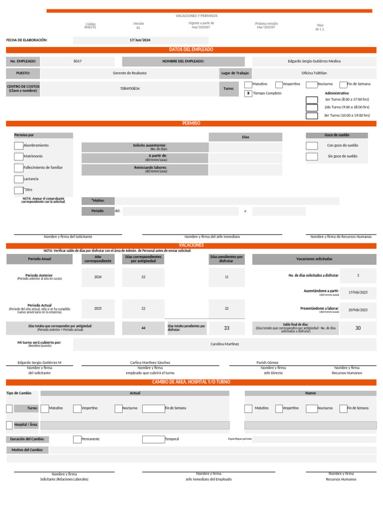 Formato de Vacaciones CERCA | PDF