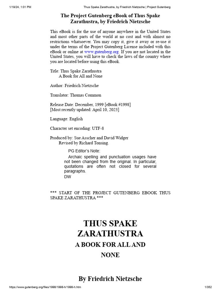 Thus Spake Zarathustra, by Friedrich Nietzsche - Project Gutenberg ...