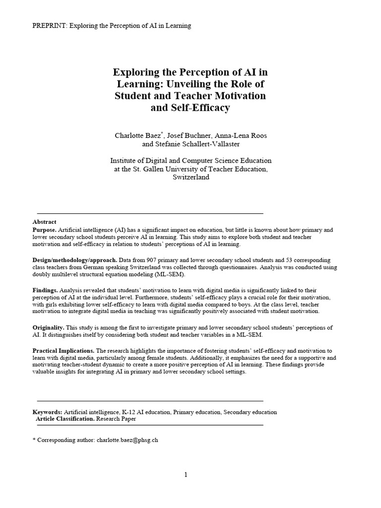 AI Perception Paper - Preprint | PDF | Self Efficacy | Motivational