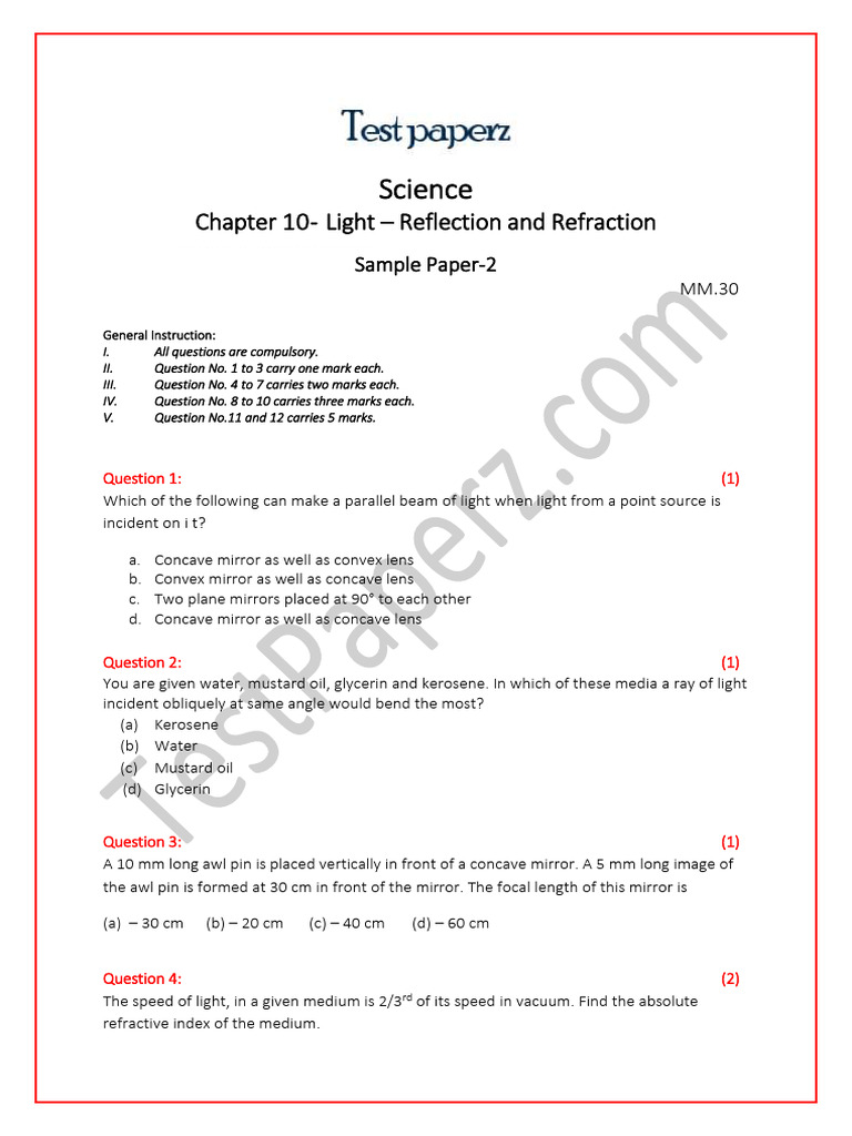 Light-â€“ Reflection and Refraction Sample Paper 2 | PDF | Optics ...
