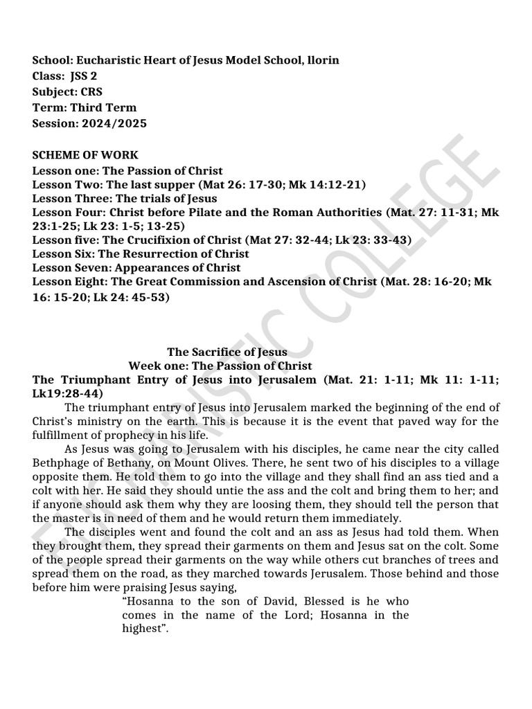 Jss 2 Crs 3rd Term Note 25 | PDF | Jesus | Resurrection Of Jesus