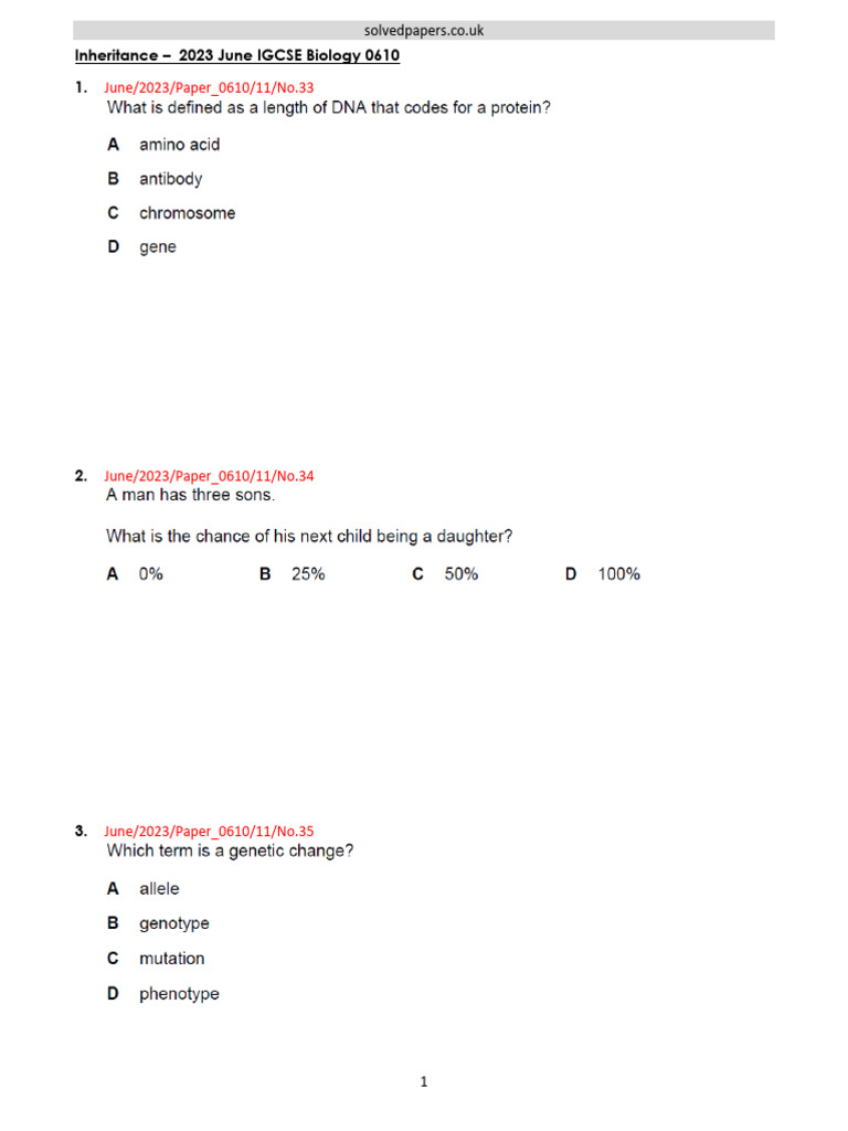 2023 Inheritance IGCSE 0610 Biology | PDF