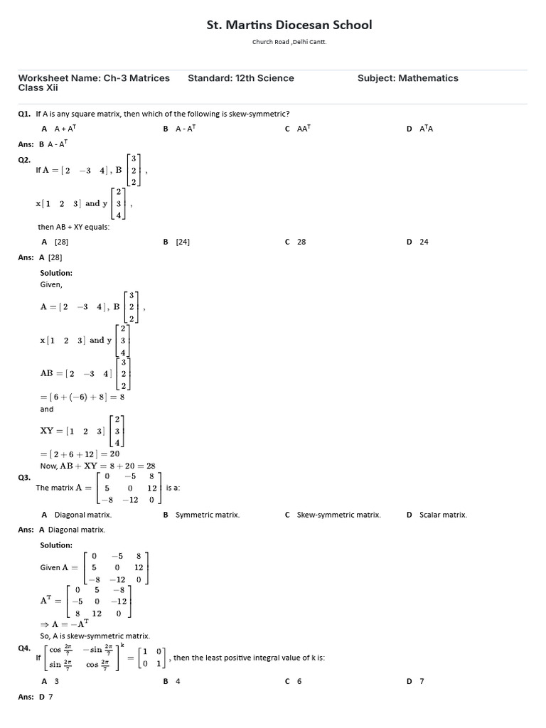 CH 3 Matrices Answer Key | PDF | Matrix (Mathematics) | Mathematical ...