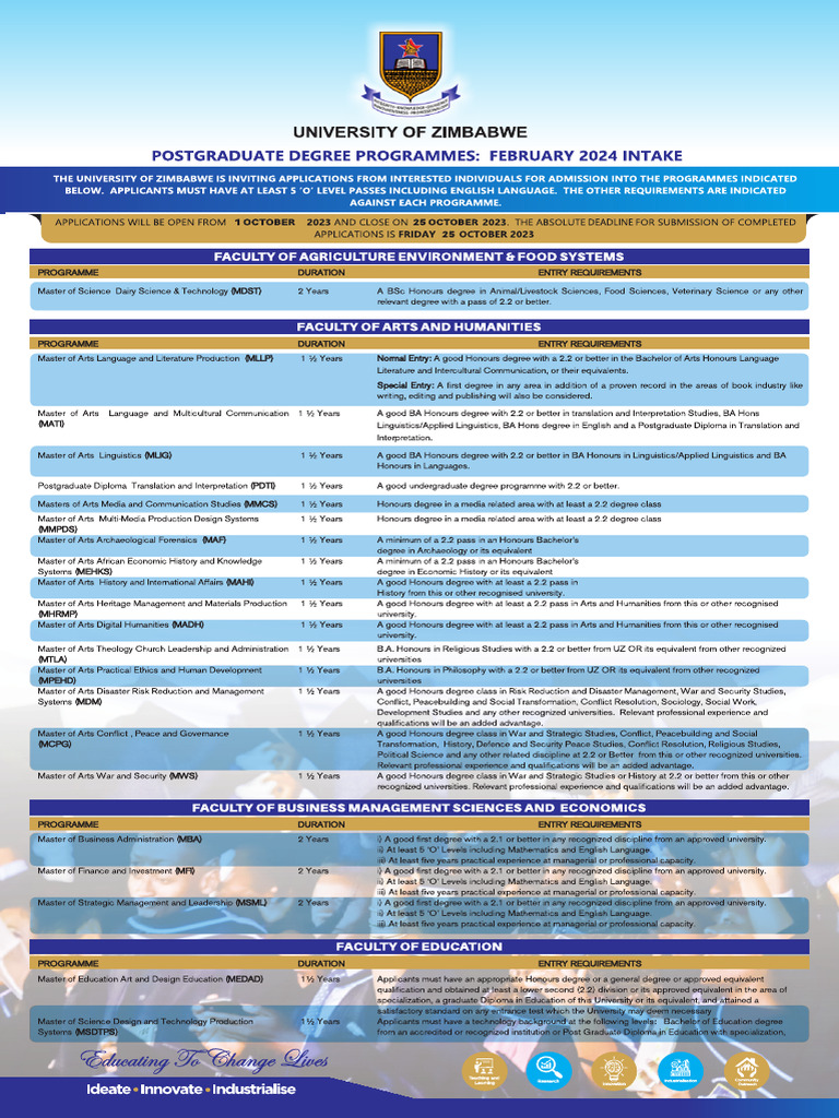UZ Postgraduate Advert Feb Intake 2024 | PDF