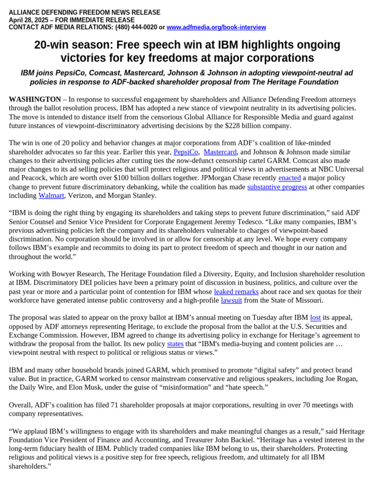 2025-04-25 Ibm Win News Release Draft Clean | PDF | Alliance Defending Freedom