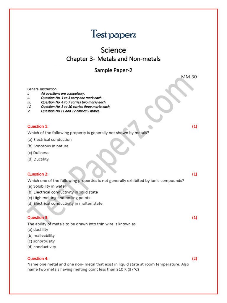 Metals and Non-Metals Sample Paper | PDF | Salt (Chemistry) | Metals