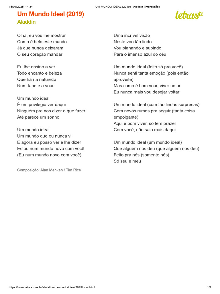 UM MUNDO IDEAL (2019) - Aladdin -tradução | PDF