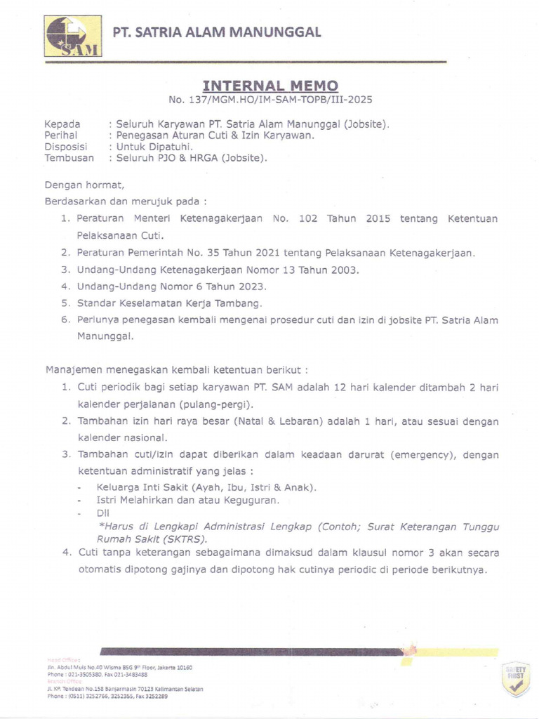 IM Penegasan Aturan Cuti & Izin Karyawan - Jobsite PT SAM | PDF