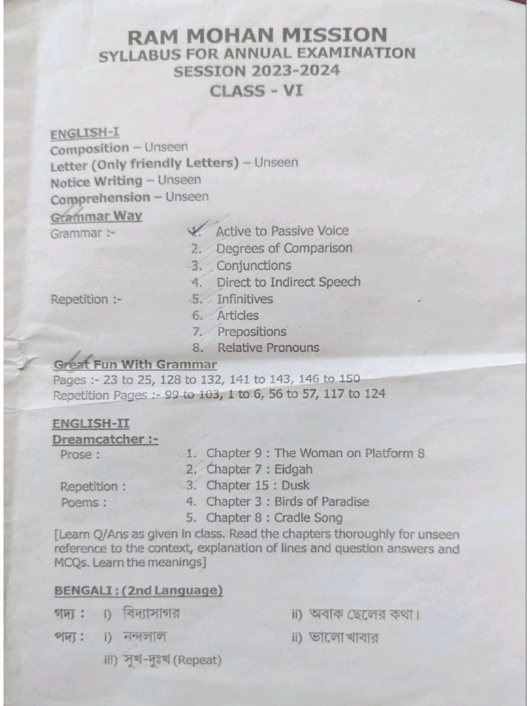 Class VI Annual Syllabus and Question Papers - Compressed | PDF