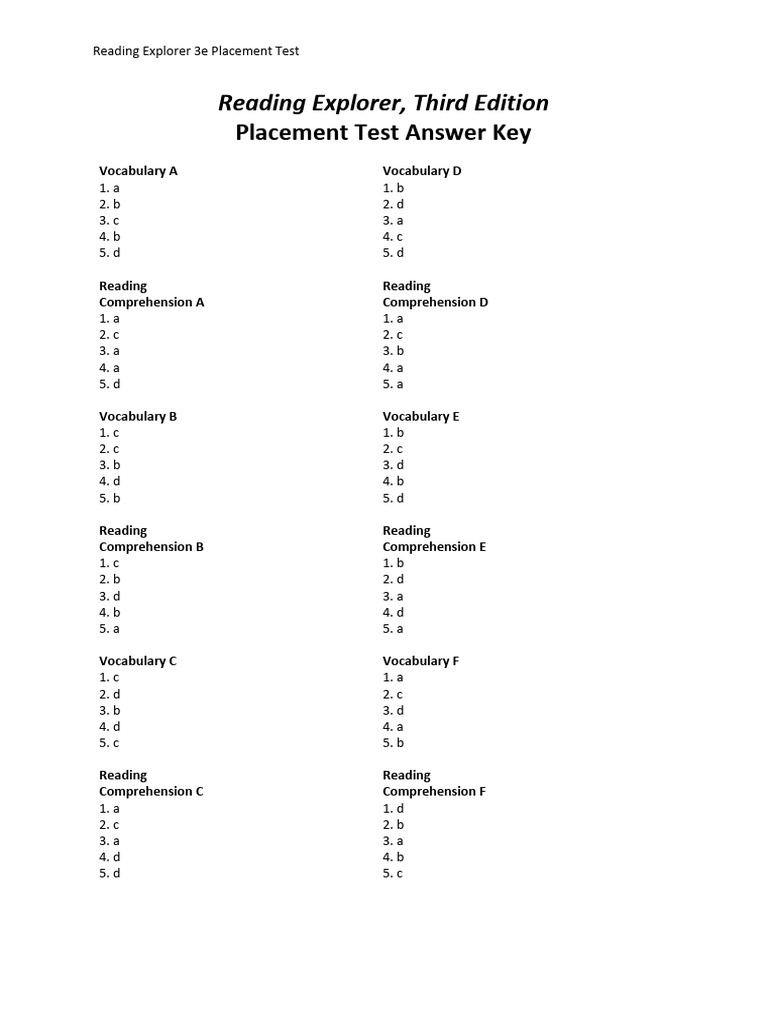 Reading Explorer 3e Placement Test Key | PDF | Learning | Written ...