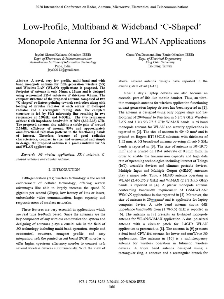 Low-Profile, Multiband & Wideband C-Shaped' Monopole Antenna For 5G and ...