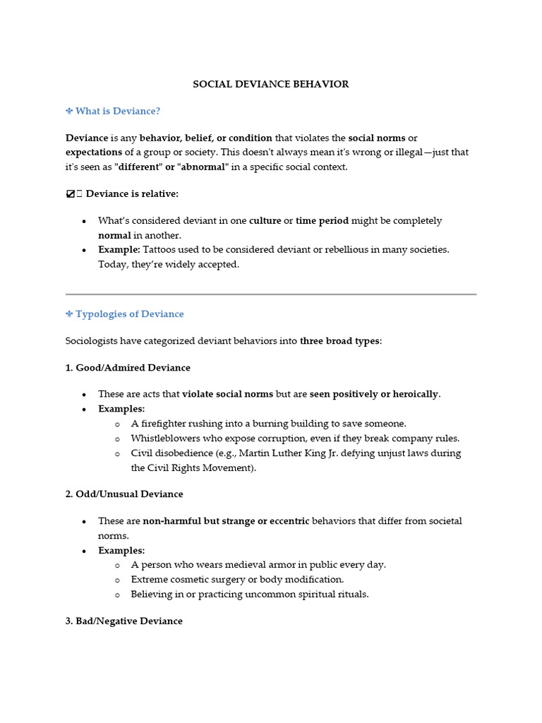 Social Deviance Behavior | PDF | Deviance (Sociology) | Gender
