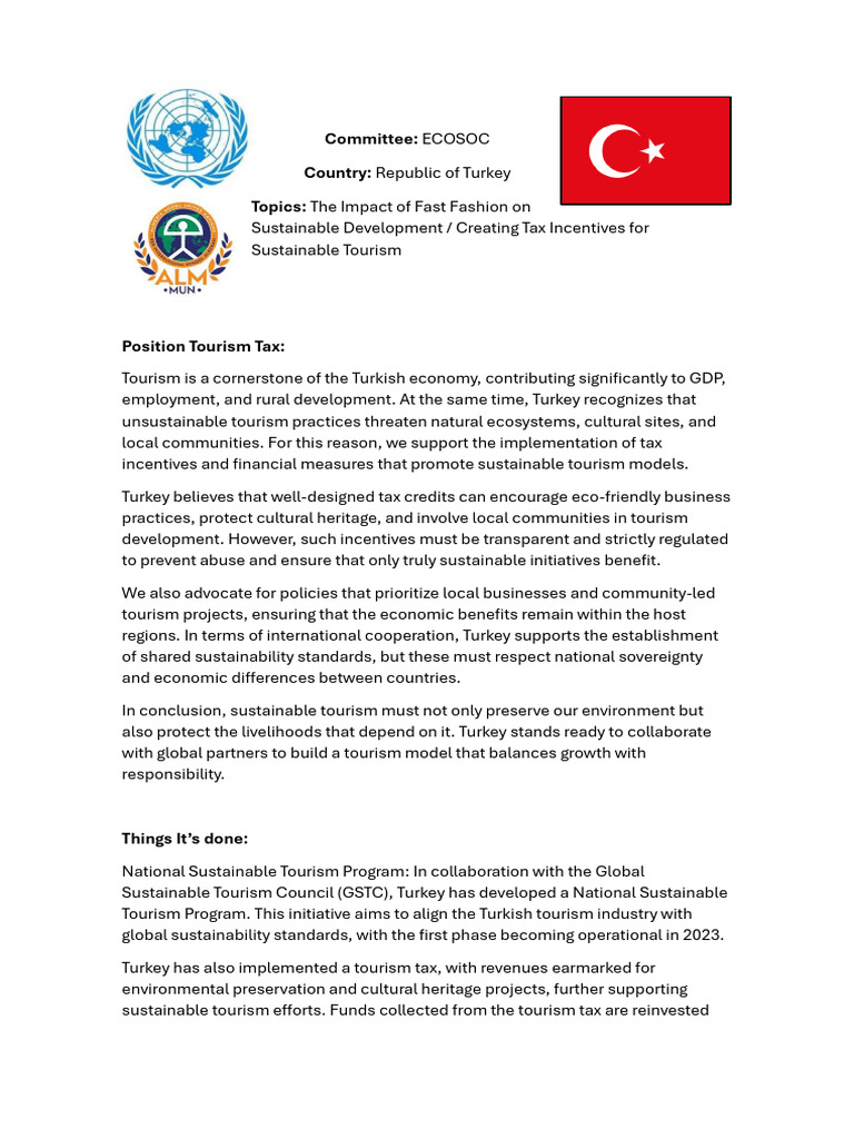 Turkey Position Paper Tourism | PDF | Sustainability | Taxes