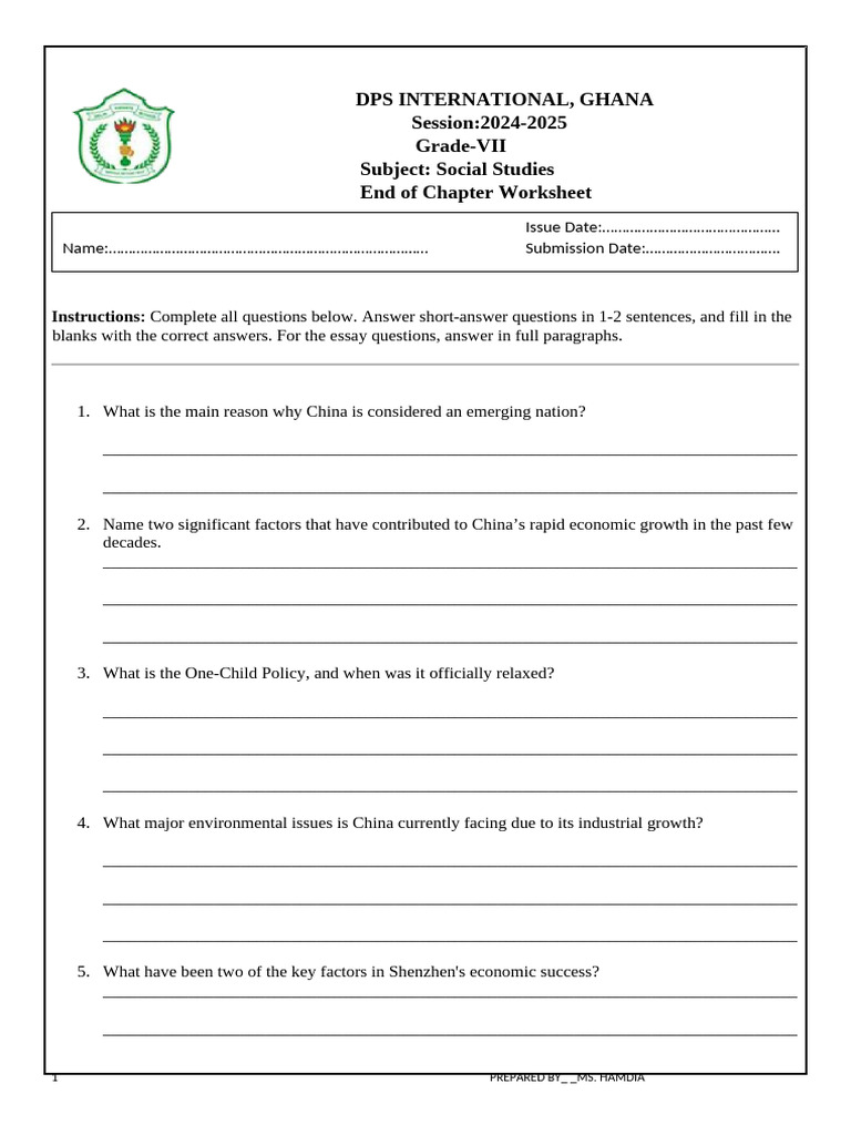 Social Studies Worksheet: China 2024-2025 | PDF | China | World Politics