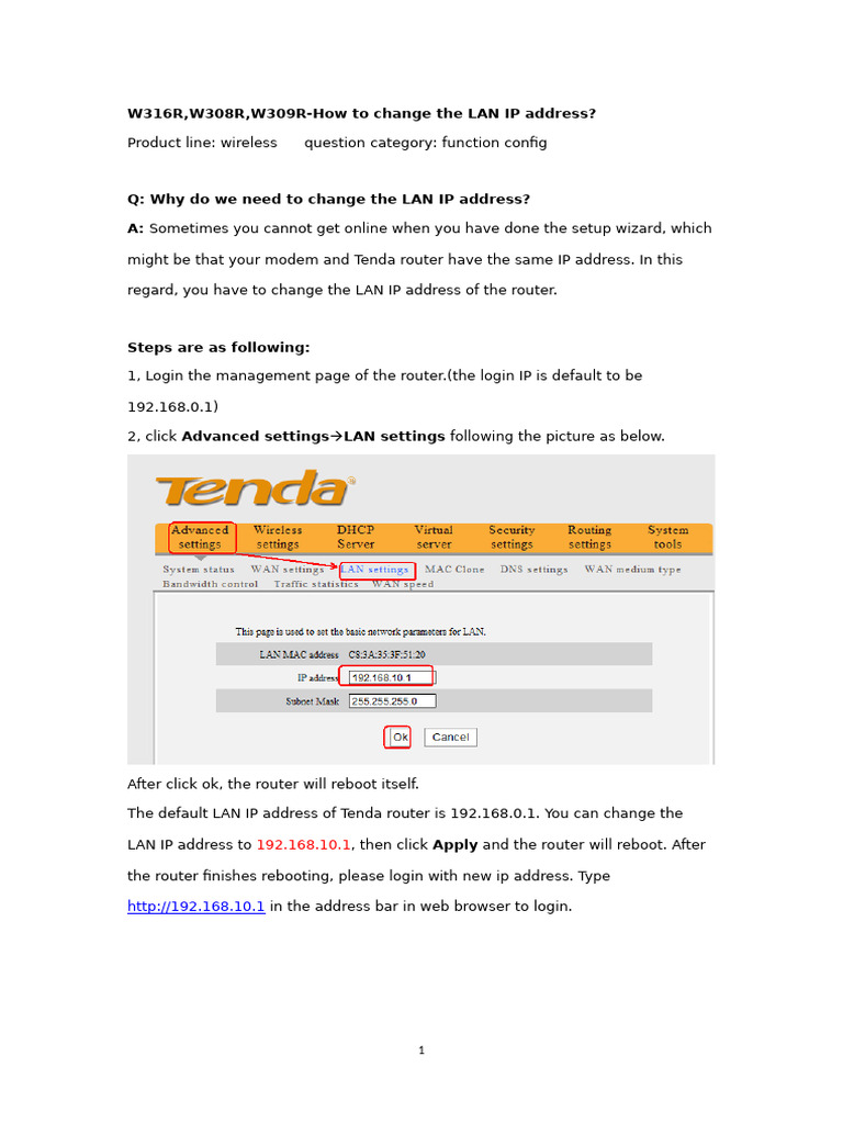 W316R, W308R, W309R-How To Change The LAN Ip Address | PDF