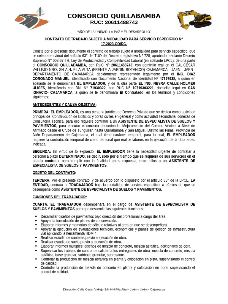 Contrato n017 Holmer Ulises Neyra Calle | PDF | Derecho laboral | Salario