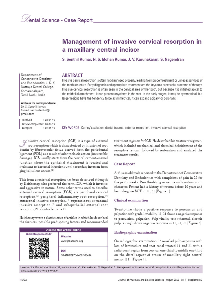 Management of Invasive Cervical Resorption in A.82 | PDF | Human Tooth ...