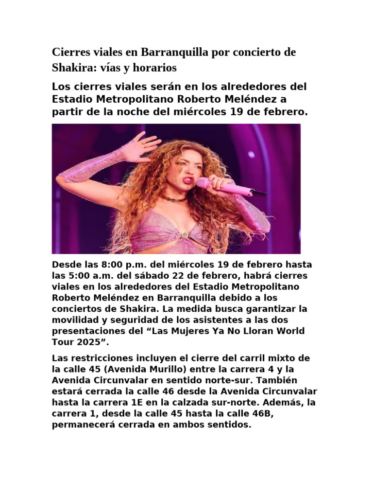Cierres Viales en Barranquilla Por Concierto de Shakira | PDF