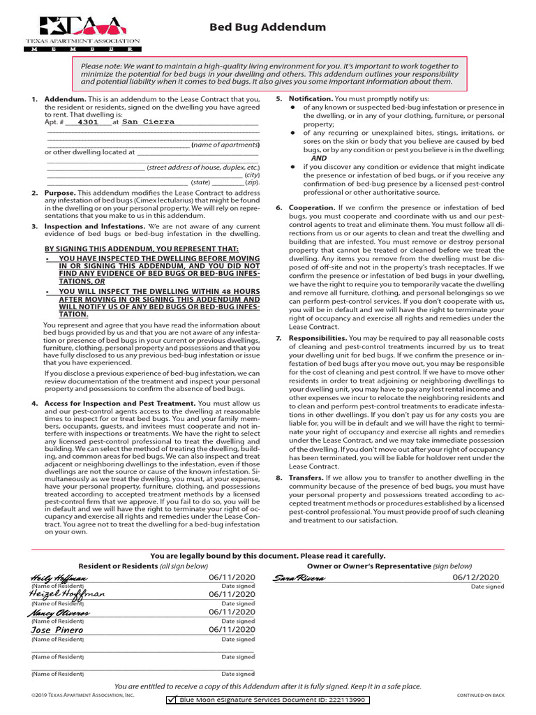 Bed Bug Addendum: 4301 San Cierra | PDF | Insurance | Lease