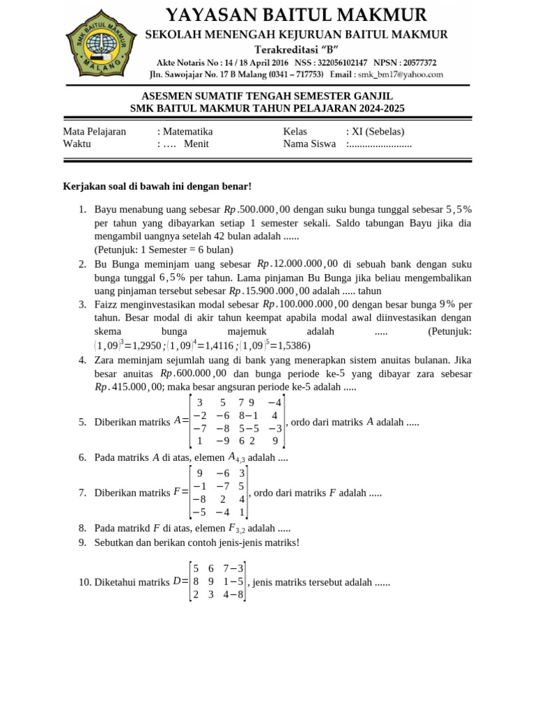Naskah Soal ASTS Matematika Kelas XI | PDF