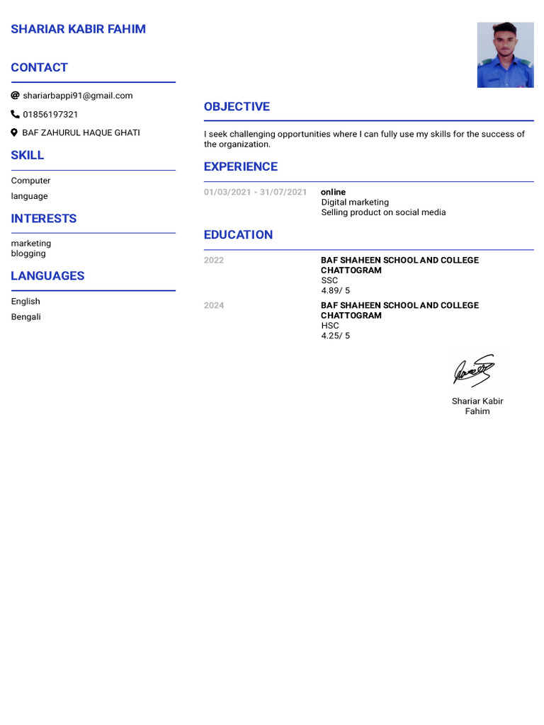 Shariar Kabir Fahim Contact Objective | PDF