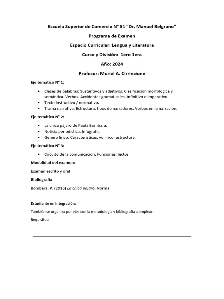 Programa Examen LyL 1ero | PDF