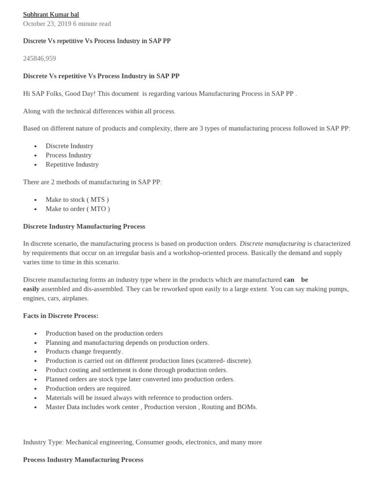 Discrete Vs Repetitive Vs Process Industry in SAP PP - Thomas && | PDF ...