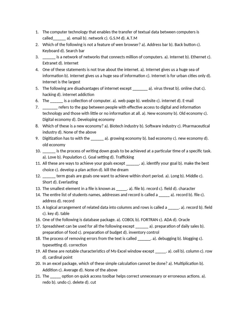 Computer Exam Questions JSS3 | PDF | Microsoft Excel | Spreadsheet