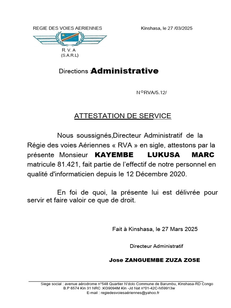 Attestation de service - RVA Kinshasa | PDF